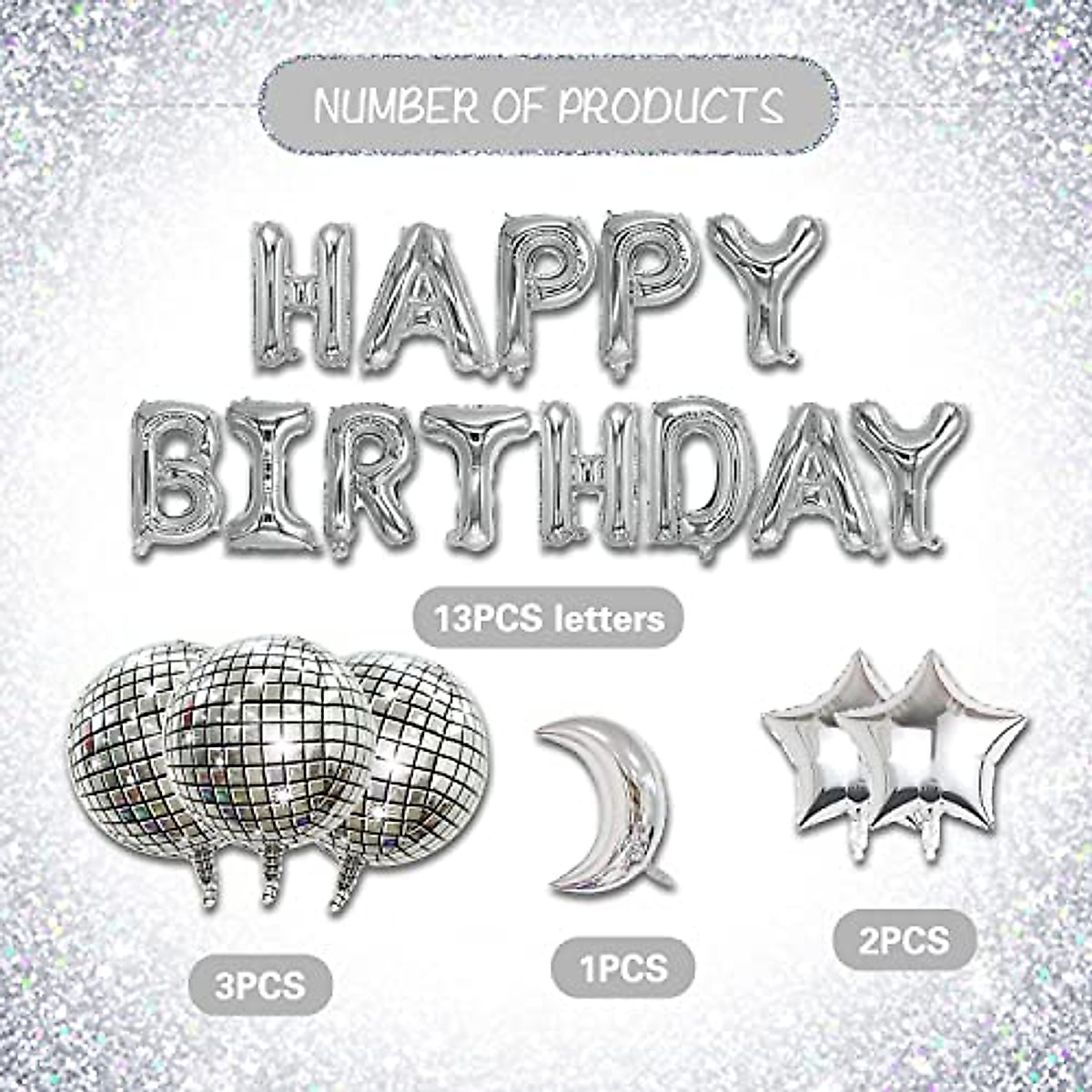 Refavor Disco Happy Birthday Decorations - 19pcs Birthday Party Decorations Disco Theme Silver Happy Birthday Letters Balloons Moon Star Ball Balloons Decor 60s 70s 80s Retro Birthday Decoration Women