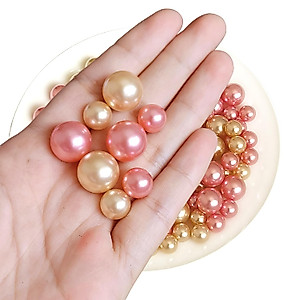 Cymtoo 140 Pieces Floating Pearls for Vase Filler Gold Pink Pearl Beads No Hole Pearls Vase Pearls Makeup Beads for Brushes Holder, Home Wedding Decor 10/14mm（Gold and Pink）