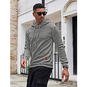 COOFANDY Mens Long Sleeve Drawstring Plaid Jacquard Hooded Sweatshirt, Grey, Medium