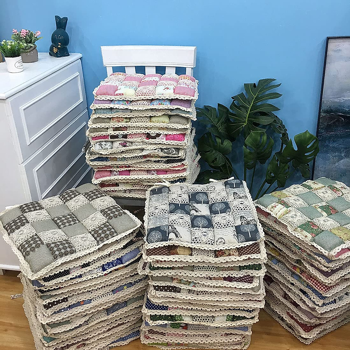 XSlive Boho Floral Patchwork Chair Cushion Pad with Ties Lace Edge Soft Cotton Seat Cushions for Dining Chairs, Office Chairs (318 Coffee,16"x16")