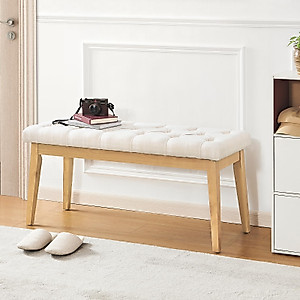 Upholstered Entryway Bench - End of Bed Bench with Padded Seat, Button Tufted Wood Frame (Beige-2)