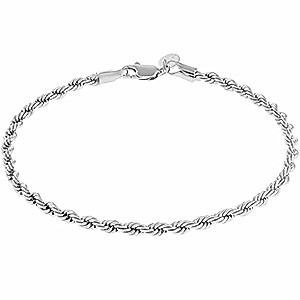 LIFETIME JEWELRY 4mm Rope Chain Bracelet 24k Real Gold Plated for Women and Men (White Gold, 9 inches)