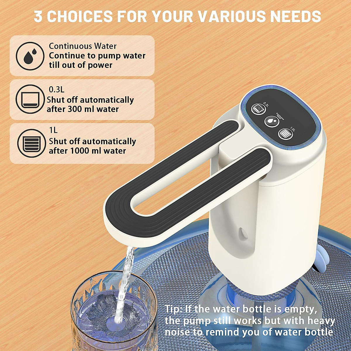 Generic 5 Gallon Water Bottle Pump, Universal for 2-5 Gallon Water Bottle Jug with 3 Modes, Foldable Water Outlet to Remain Clean, Rechargeable Automatic Drinking Water Bottle Dispenser, White, chou8