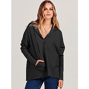 ANRABESS Women Casual Henley Hoodies Oversized Sweatshirt Ribbed Knit Long Sleeve Shirts Buttons V Neck Loose Baggy Sweater Hooded Pullover Fashion 2023 Fall Clothes 1064heise-S Black