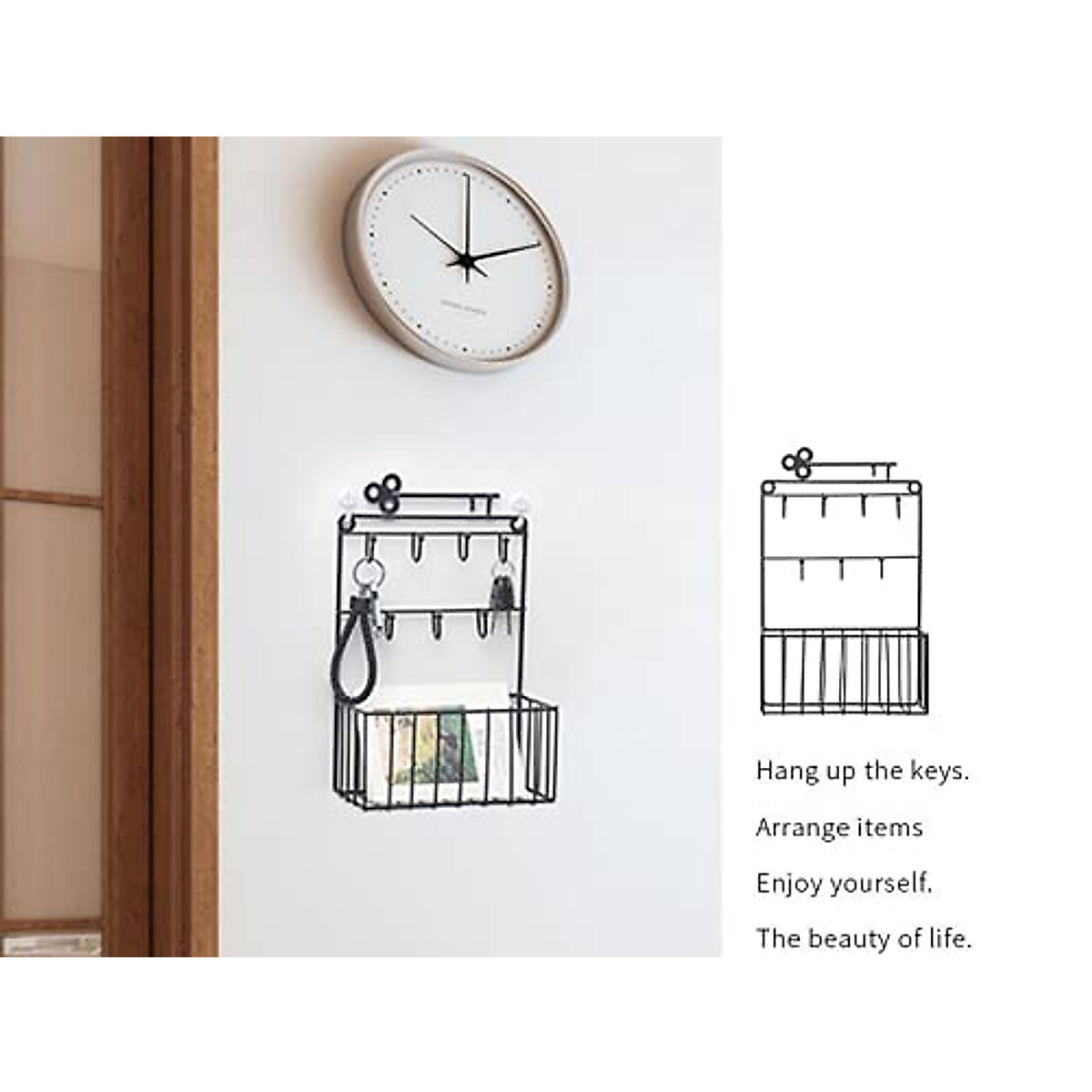 qiuqiu Wall-Mounted Shelf Home Wrought Iron Storage Basket Metal Mail Holder Keychain with Storage Baskets for Mail, Keys, Glasses-Copper