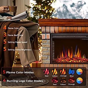 Havato 36 inch Electric Fireplace Inserts, Recessed Electric Stove Heater with Adjuatble Flame Colors, Log Colors, Flame Speed and Brightness, Remote Control & Time,750W/1500W