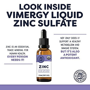 Vimergy Organic Liquid Zinc, 57 Servings – Alcohol Free Zinc Sulfate – Supports Immune Health & Metabolism – Antioxidant – Gluten-Free, Non-GMO, Kosher, Vegan & Paleo Friendly (115 ml)