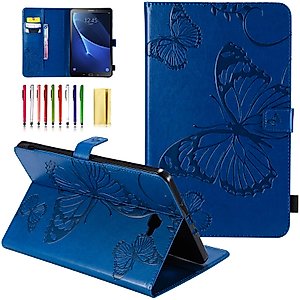 UUcovers Case for Samsung Galaxy Tab A 10.1" 2016 Version (SM-T580/T585/T587,NO S Pen) with Pencil Holder, Smart Stand Embossed PU Leather Folio Card Wallet Cover [Auto Wake/Sleep], Blue Butterfly