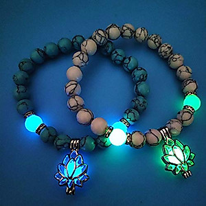 Luminous Glowing in the Dark Moon Lotus Flower Shaped Charm Bracelet for Women Natural Turquoise Stones Yoga Prayer Jewelry