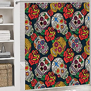 Dead Day Skull Shower Curtain Sets with Non-Slip Rugs, Toilet Lid Cover and Bath Mat, Halloween Floral Bathroom Decor Set Accessories Waterproof Shower Curtains