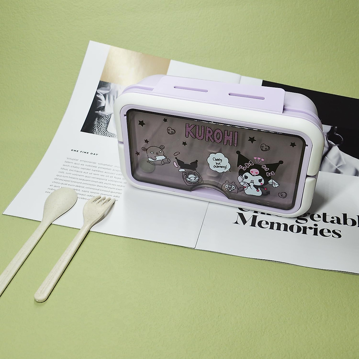 Holymid Kawaii Kumi Lunch Box, 1100 ML, Stackable Bento Container, 2 Compartments, Leakproof, BPA Free, Includes Utensils, Work Lunch Box