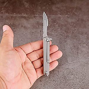 Samior S08 Mini Slim Flipper Folding Scalpel Neck Knife with 10pcs #24 Blades, Titanium Handle with Frame Lock, Utility EDC Keychain Pocket Knives with Leather Sheath