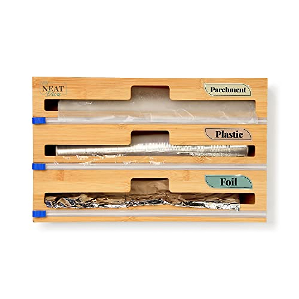Neat Diva 12" Bamboo Foil Plastic Wrap Organizer Cutter, Plastic Wrap Dispenser Cutter, Tin Foil Organizer Drawer, Bamboo Aluminum Foil Dispenser Cutter, Kitchen Organizer Foil Plastic Wrap (3-in-1)