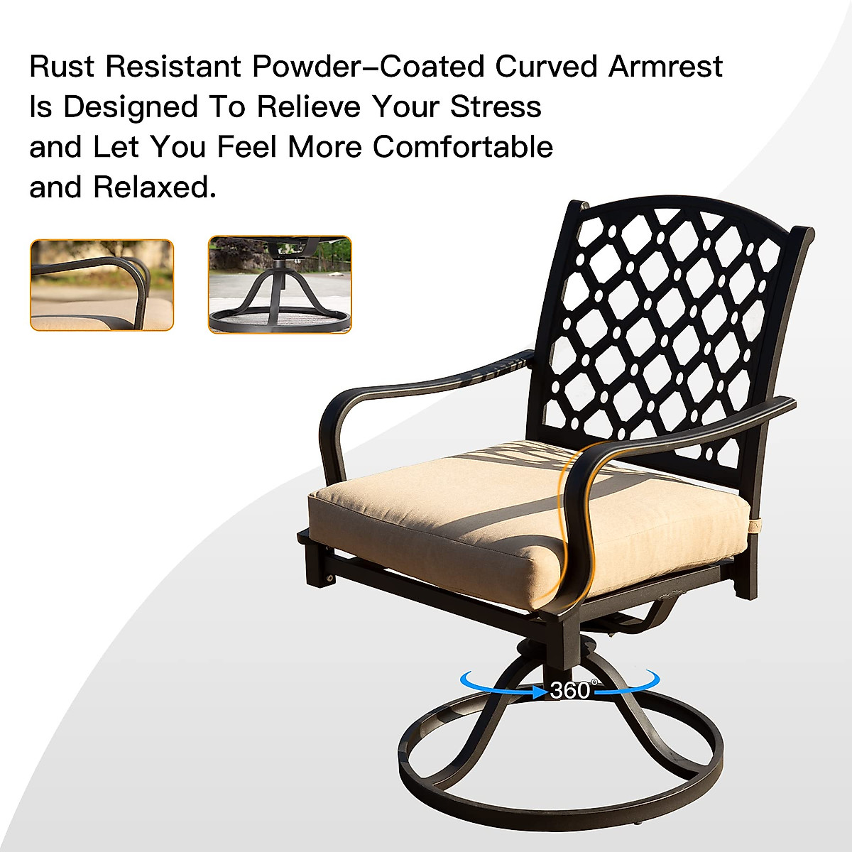 Domi Outdoor 7 pcs Patio Dining Set, Metal Dining Table, Swivel and Dining Chairs Conversation Set with Removable Beige Cushions for Garden Lawn Yard