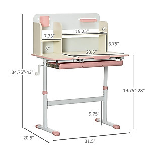 Qaba Wooden Kids Study Desk, Height Adjustable Children School Study Table, Student Writing Desk with Tilt Desktop, Drawer, Storage Shelf, Pen Holder, Pink