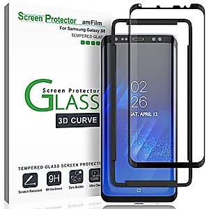 amFilm Glass Screen Protector for Samsung Galaxy S8, 3D Curved Tempered Glass, Dot Matrix with Easy Installation Tray, Case Friendly (Black)