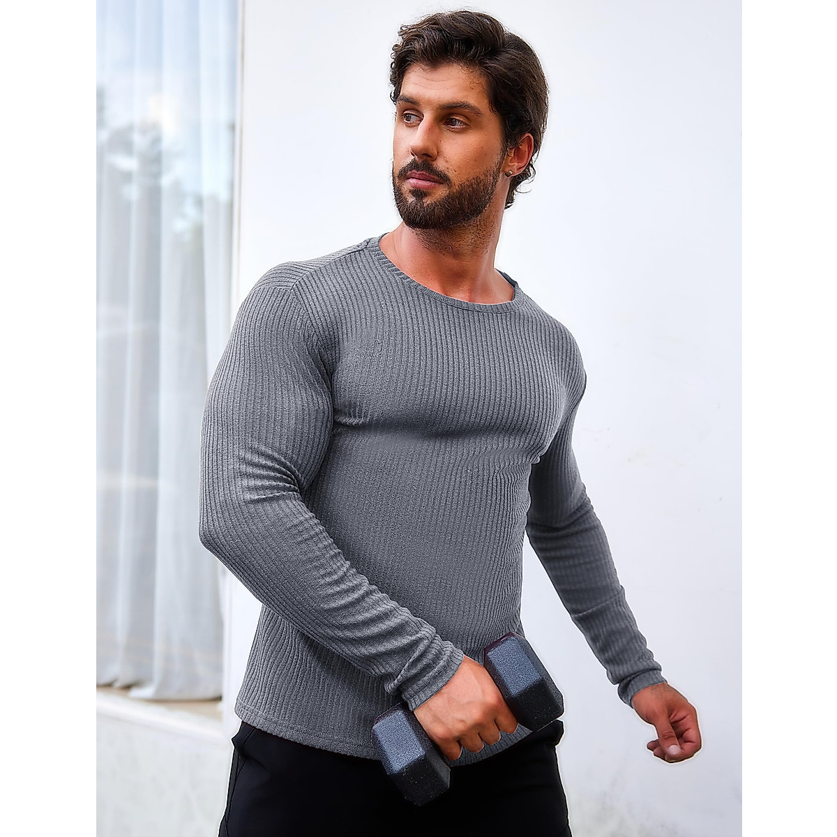 COOFANDY Men's 2 Pack Gym Muscle Shirt Long Sleeve Stretch Ribbed Workout Tee Bodybuilding Hiking Running Training Fitness Tops (Wine Red/Dark Grey, XL)