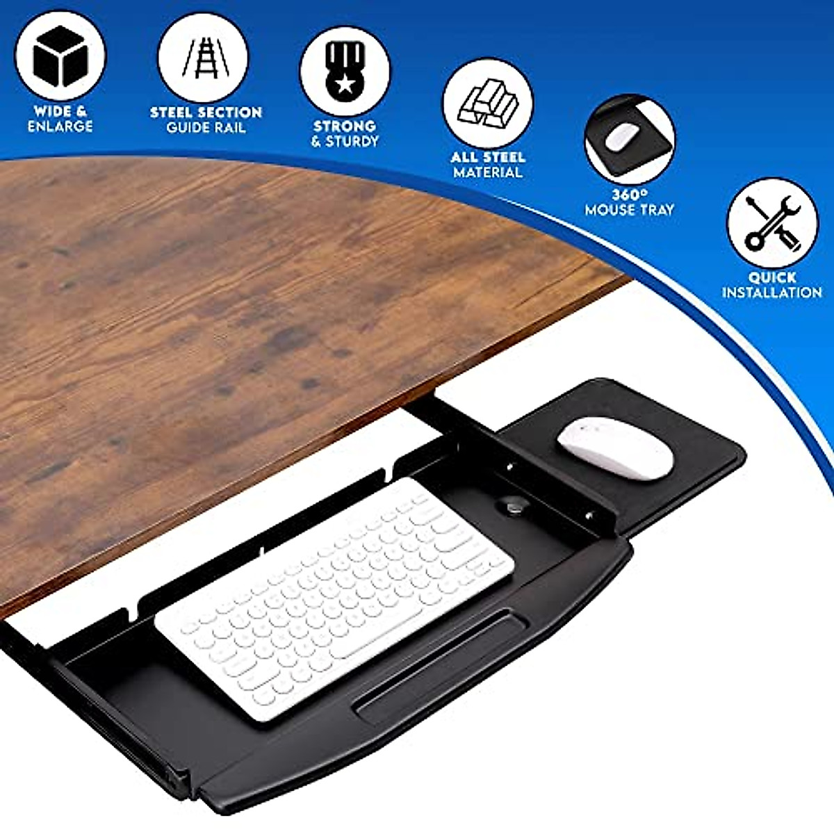 Oaskrac Keyboard Tray Under Desk, Keyboard Drawer Under Desk Slide with 360 Rotating Mouse Platform, Slide-Out Platform Computer Drawer for Typing, 20 inch, Black
