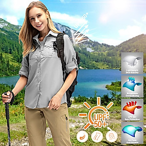 Women's Quick Dry Sun UV Protection Convertible Long Sleeve Safari Shirts for Hiking Camping Fishing Sailing#5070 Light grey,L