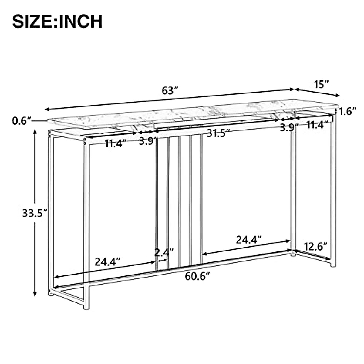 63" Modern Console Table, Rectangular Sofa Side Table with Faux Marble Tabletop Narrow Long Entryway Table with Black Metal Frame for Living Room, Couch, Hallway, Foyer, Kitchen Counter, White+Black