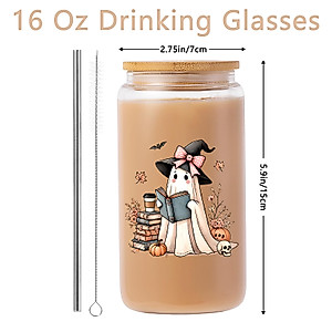 Halloween Gifts for Book Lovers Women - Birthday Christmas Book Club Gifts for Bookish Librarian Bookworm Readers - Cute Witch Spooky Gifts Reading Witchy Wizard Hat Glass Iced Coffee Cups with Lids