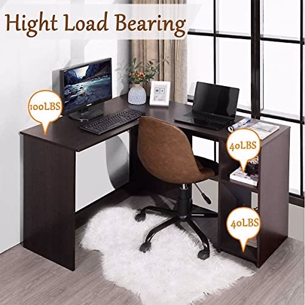 FurnitureR Computer Desk with Bookshelf Industrial Style Study Table Computer Gaming Desk with Storage, Wooden L-Shaped Corner Desk Save Space for Home Office, Brown