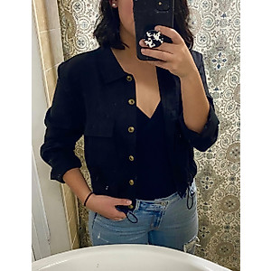 Vimyig Lightweight Black Cargo Jacket Women Casual Button Down Cropped Jackets with Pockets(Black-XL)