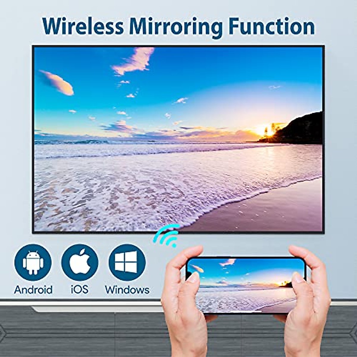 WiFi Projector Bluetooth, W2 Mini Projector Support 1080P Full HD and 250'' Display, Portable Projector with 50% Zoom Function, Home Cinema Projector Compatible with iOS, Android, TV Stick, PS4