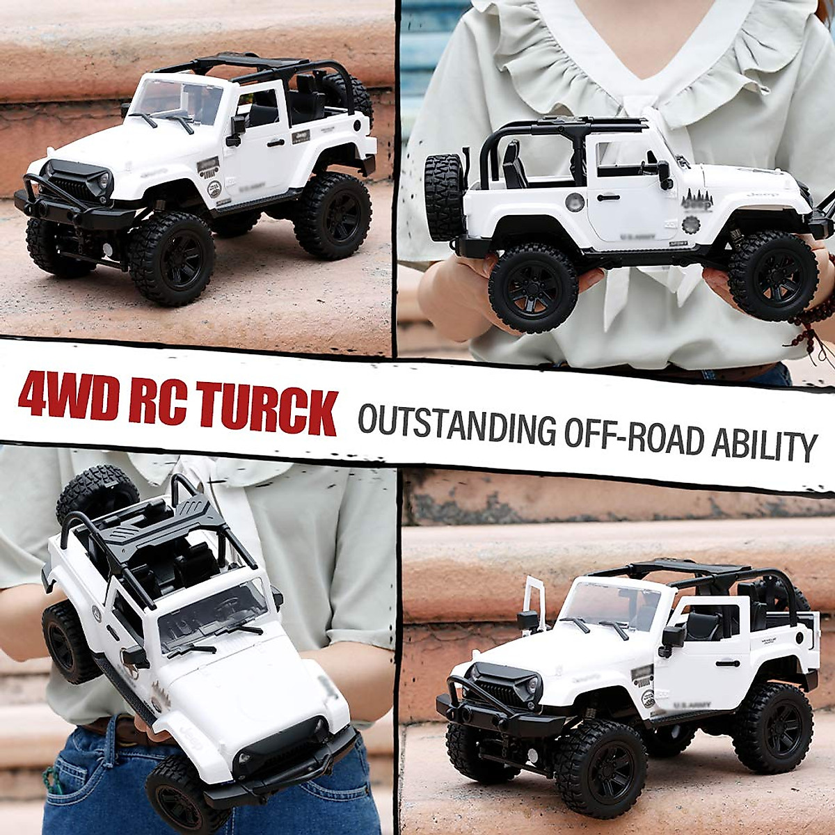 GoolRC F2 RC Car, 1/14 Scale 2.4GHz Remote Control Car, 4WD 30km/h High Speed Racing Car, All Terrains Off Road RC Monster Vehicle Truck Crawler with LED Light for Kids and Adults (White Convertible)