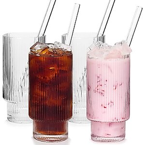 Ribbed Glassware Set of 4, 14oz Ribbed Glass Cups with Glass Straw, Ribbed Juice Glass Fluted Glassware Ribbed Drinking Glasses for Margaritas Whiskey Smoothie Ice Tea Coffee Soda Cocktail Beer Gift