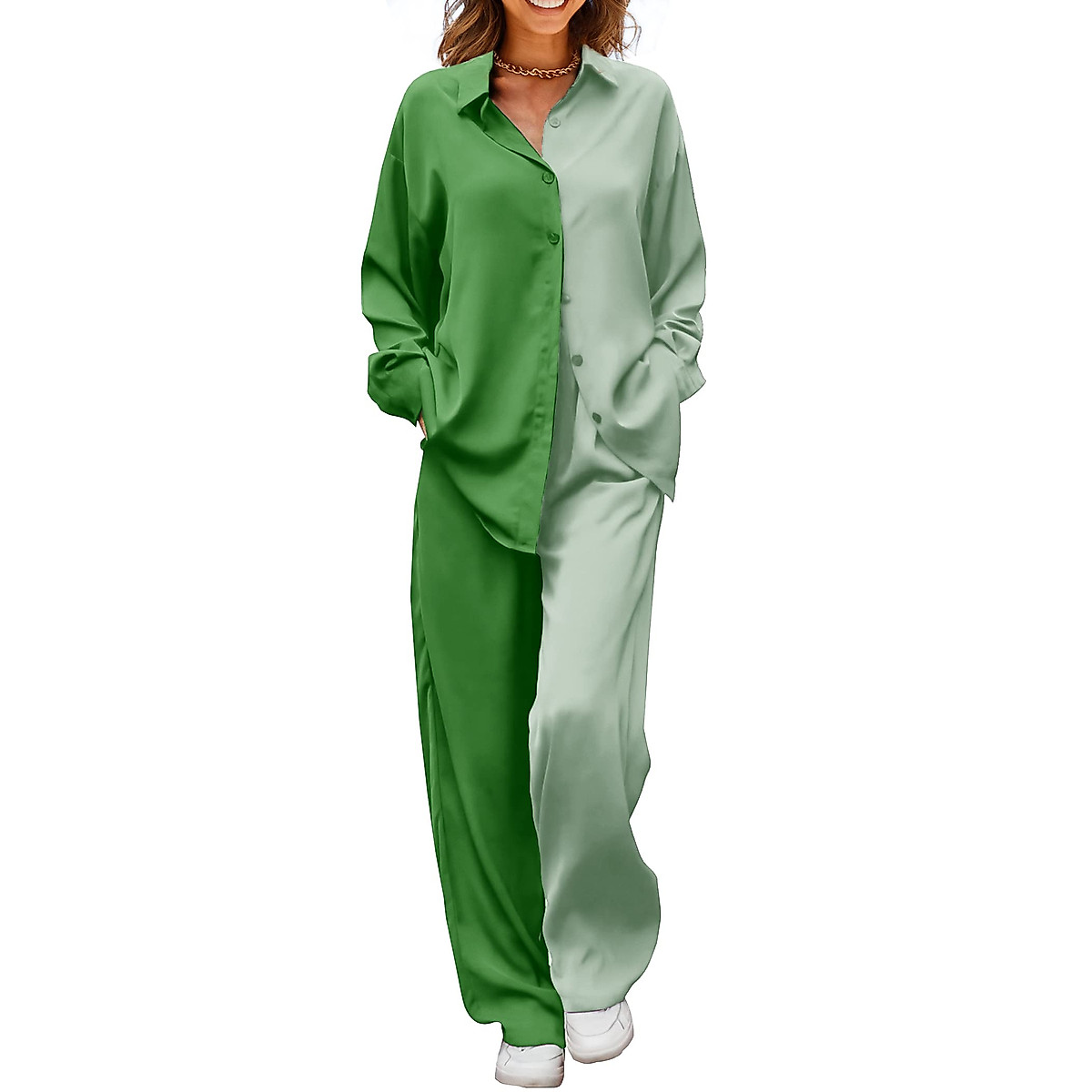 PRETTYGARDEN Women's 2 Piece Satin Outfits Long Sleeve Button Down Tops Wide Leg Pants Silk Loungewear Pajama Sets (Grass Green_Light Green,Medium)