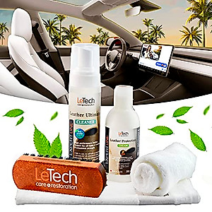 Letech Leather Cleaner for Car Interior 6.8 oz, 4-Piece Shoe Leather Care Kit, Leather Conditioner for Furniture 200 ml, Leather Furniture Cleaner and Conditioner with Cream, Brush, Towel