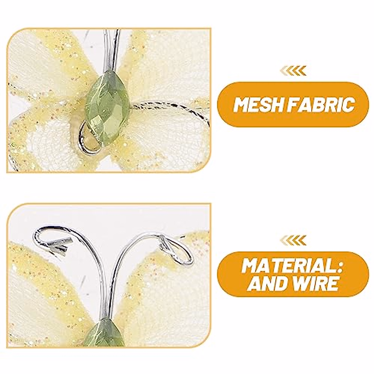 Mesh Glitter Butterfly 50Pcs Sheer Mesh Glitter Butterflies, Mesh Wire Glitter Butterfly with Gem DIY Butterfly Craft for Home Wedding Party Wall Decorations (Yellow)