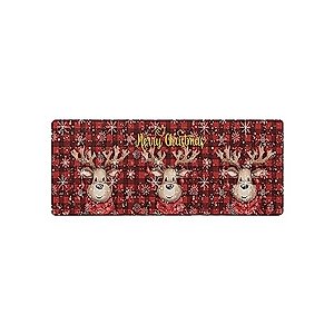 Christmas Elk Bath Mat for Tub,Non Slip Bathroom Floor Runner Rug Quick Dry & Absorbent Diatomaceous Earth Shower Sink Bedroom Kitchen Washable Doormat,Winter Snowflake Buffalo Plaid Red 18"x60"