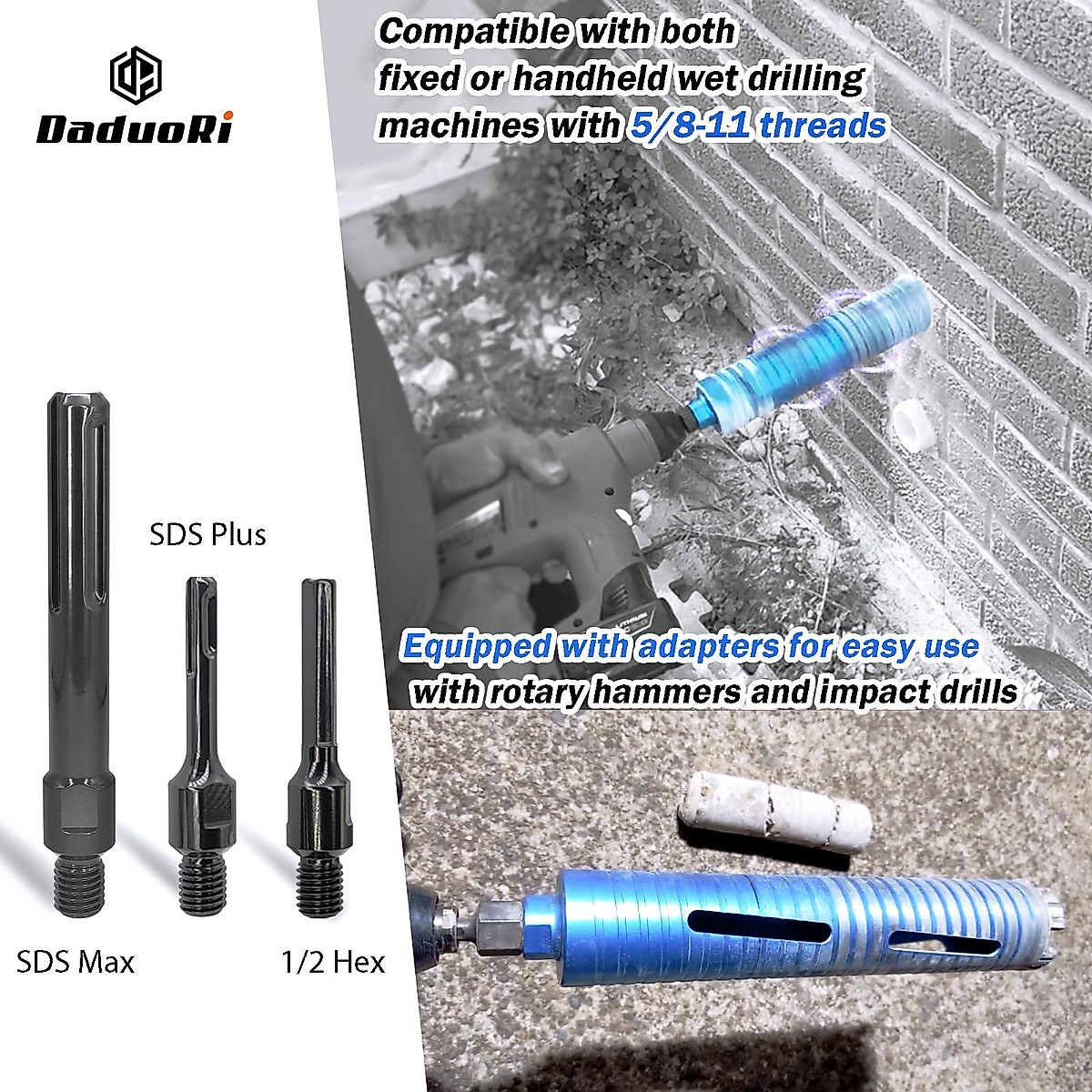 DaduoRi 2" Dry Core Drill Bit for Brick and Block with 3 Adapters Included: SDS Plus, SDS Max and 1/2" Hex Shank, 9.5" Drilling Depth Core Bits for Soft Concrete,Brick,Stucco,Masonry, 5/8"-11 Thread