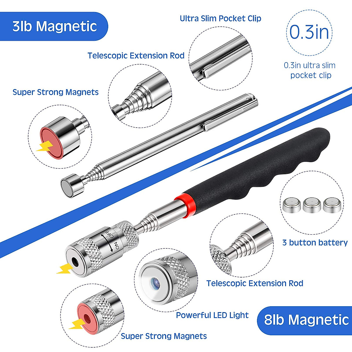 4 Pieces Telescoping Magnet Pickup Tools Includes 8 lb Magnet Pickup Tool Flexible Magnetic Stick Gadget 20 lb 15 lb and 3 lb Magnet Pick-up Tool Set for Men Birthday Father's Day Christmas