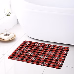 LB Winter Snowflake Bath Mat Christmas Red and Black Plaid Area Rug for Bathroom White Snow Doormat Non Slip Memory Foam Super Absorbent Floor Mats,24Wx16H Inch