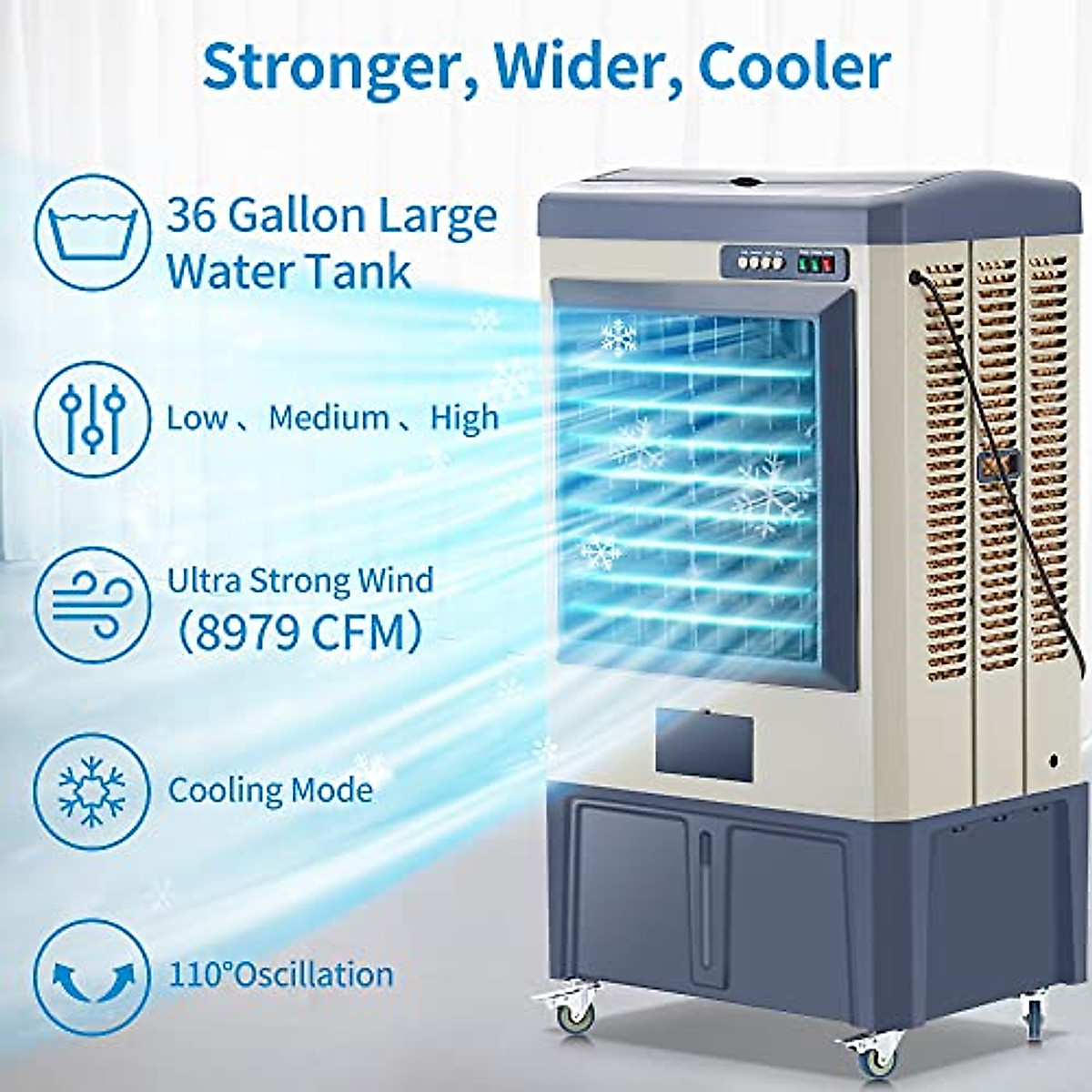 Uthfy 51" Evaporative Air Cooler with 3 Speeds, 8979 CFM Swamp Cooler with 110° Oscillation, Air Conditioner with 36 Gallon Tank, Evaporative Cooler with 5 Ice Packs, Beige (HY-60AI)