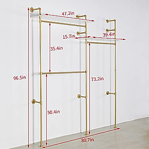 EDCB Industrial Pipe Clothing Rack Wall Mounted, Heavy Duty Hanging Clothes Rack Clothing Store Display Stands Garment Rack Closet System, 2 Tier Wood Garment Rack (Gold, 96.5x80.7inch)