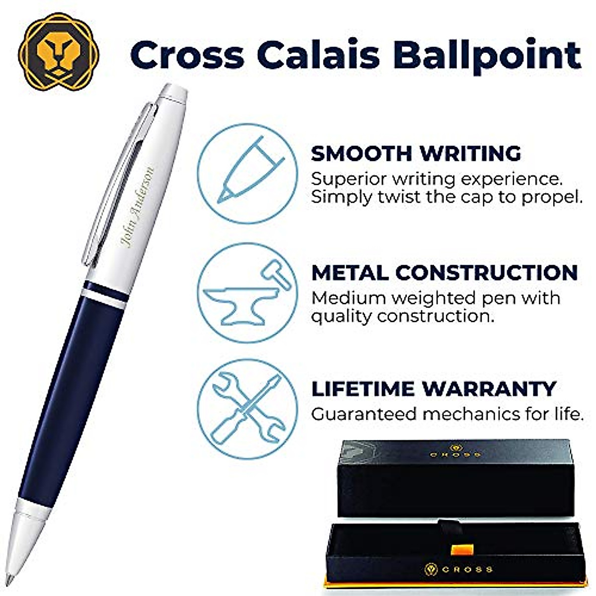 Dayspring Pens Personalized Cross Pen | Engraved Cross Calais Ballpoint Pen - Blue. Custom Gift Pen with Case AT0112-3 Engraving Shipped in One Business Day.