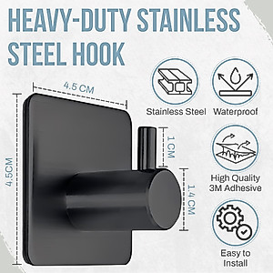 BRYF®️ Adhesive Towel Hooks 6pcs Pack + Gift e-Guide | Heavy Duty 3M Adhesive Wall Hooks for Bathroom Decor, Kitchen Decor & More. 6 pcs Black Towel Hooks self Adhesive Pack