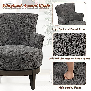 Goohome 360 Degree Swivel Wingback Accent, Comfy Upholstered Sherpa Fabric Seating Armchair with Rubberwood Legs for Living Room, Leisure Arm Chair for Lounge, Dark Grey