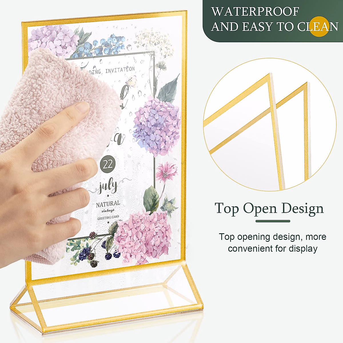 12 Pieces Gold Frames Clear Acrylic Sign Holder Double Sided Menu Display Stand with Gold Borders 2mm Table Number Holder for Wedding Recipe Cards Photo Display(Horizontal Vertical,4 x 6 Inch)