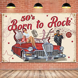Born to Rock Backdrop Banner Decor Beige - 50s Rock and Roll Birthday Party Theme Decorations for 1950's Men Women Supplies