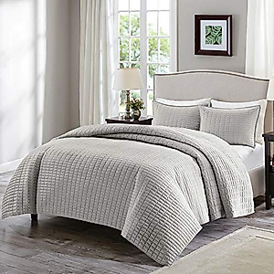 Comfort Spaces Kienna Quilt Set-Luxury Double Sided Stitching Design Summer Blanket, Lightweight, Soft, All Season Bedding Layer, Matching Sham, Gray, Coverlet Full/Queen(90"x90") 3 Piece