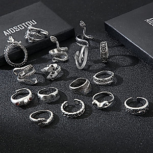 AIDSOTOU Mens Vintage Open Rings Set Frog Snake Skull Cool Punk Goth Ring for Men Women Adjustable (Silver-16 PCS)