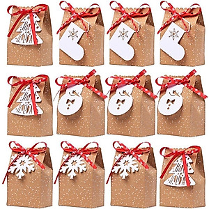 OurWarm 12pcs Christmas Treat Bags Christmas Kraft Gift Bags with Christmas Tags and Ribbons, Xmas Paper Candy Goody Bags for Christmas Party Favors, 5 x 3 x 7 Inch holiday gift bags