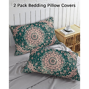 Edwiinsa Boho Modern Pillow Covers Standard Size Set of 2 20x26 Bed Pillow, Plush Soft Comfort for Hair/Skin Cooling Pillowcases with Envelop Closure Throw Covers Green Abstract Minimalist Flower