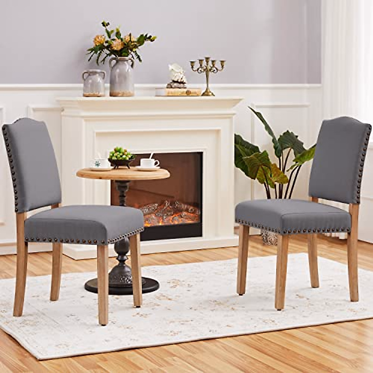 Yaheetech Dining Chairs Set of 2 Dining Room Chair Fabric Parsons Chairs with Nailhead Trim and Solid Wood Legs for Home, Kitchen, Dining Room, Dark Gray