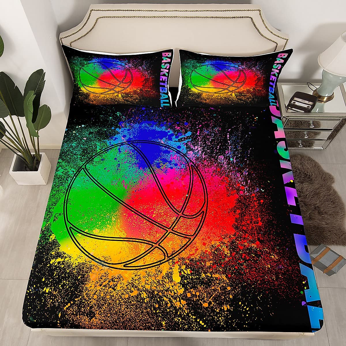 Basketball Sheet Set Twin,Blue Red Green Tie Dyed Bed Sheets for Kids Boys Teens,Grunge Neon Sports Bedding Set,Neon Ball Game Fitted Sheet Deep Pocket + Flat Sheet + 1 Pillowcase Bedroom Decor